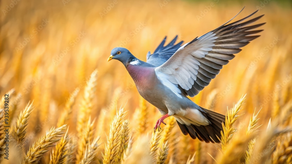 European wood pigeon lands gracefully in a golden corn field, pigeon ...