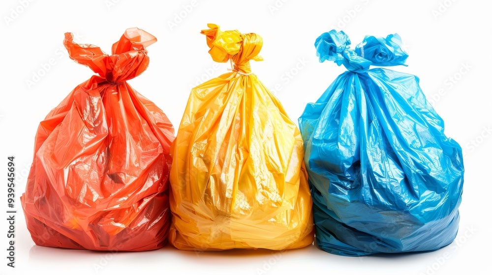 Sorted Waste in Vibrant Hues: Red, yellow, and blue trash bags stand at ...