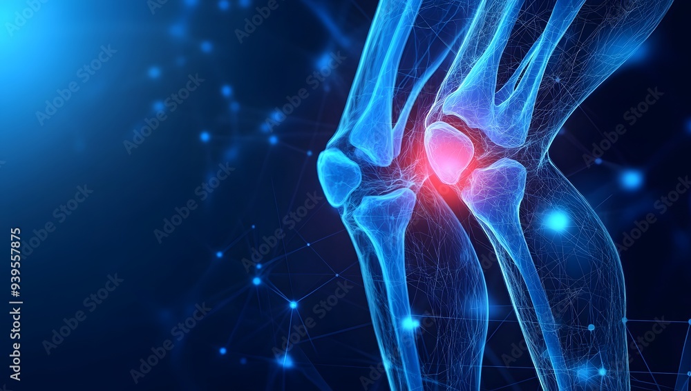 3D illustration depicting a human knee joint with highlighted pain area ...