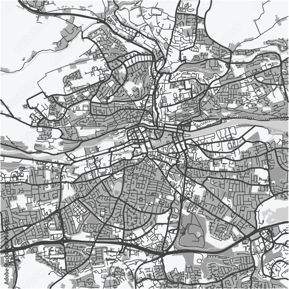 Map of Cork in Ireland in grayscale. Contains layered vector with roads ...