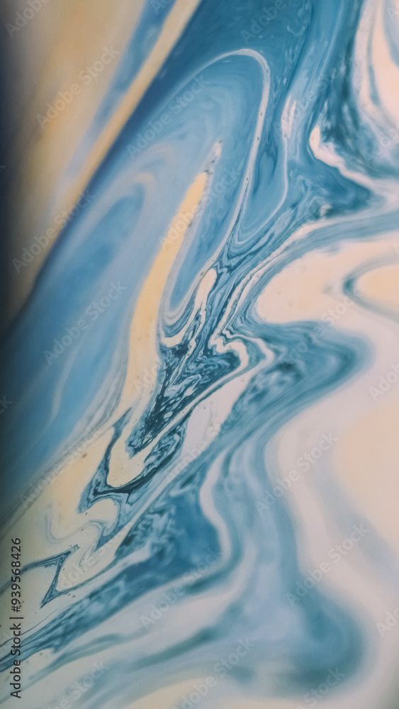 Oil fluid stain. Blur ink mix. Defocused blue yellow color acrylic ...