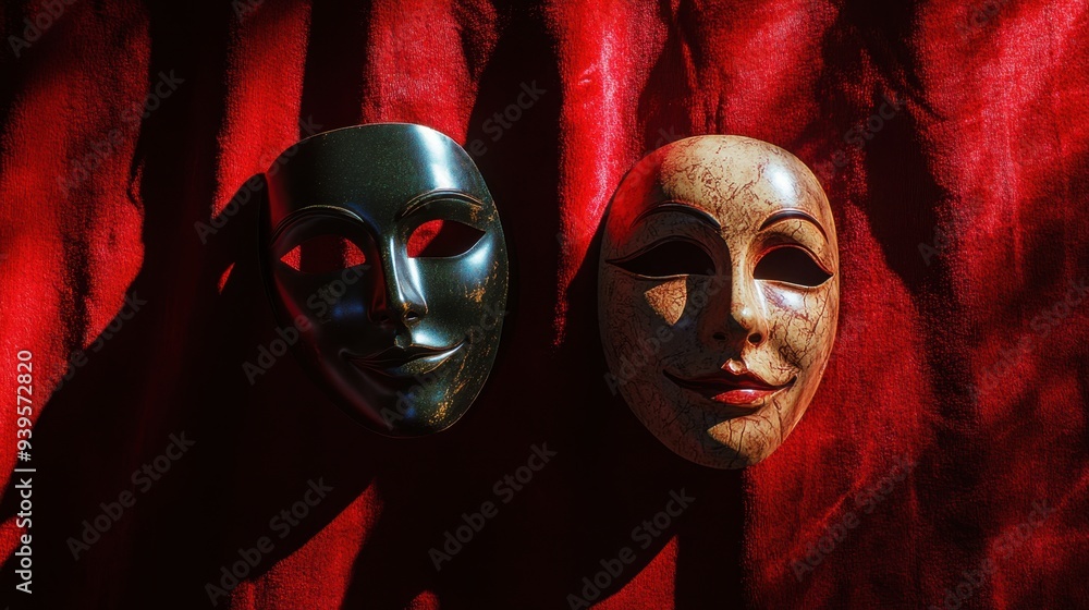 Drama and comedy masks placed against a deep red velvet curtain ...
