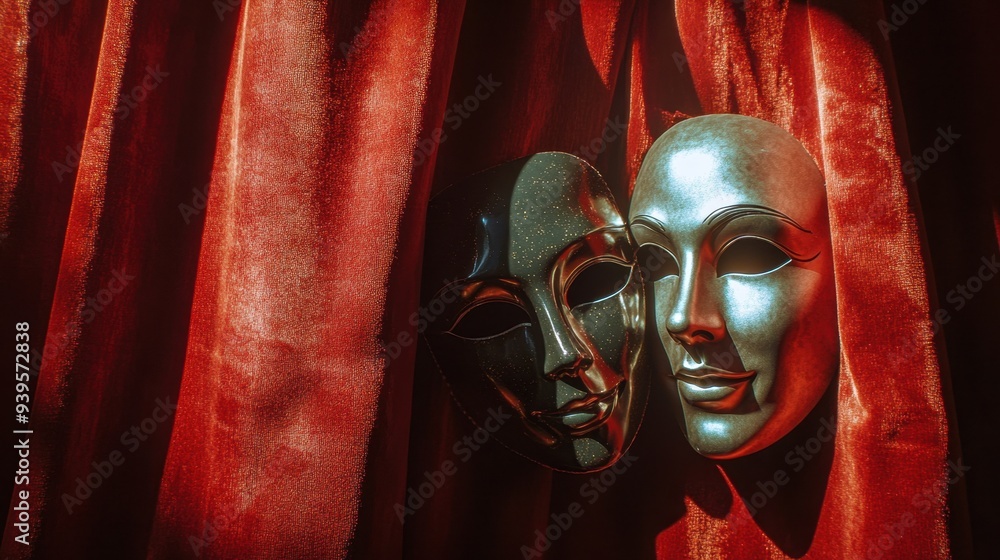 Drama and comedy masks placed against a deep red velvet curtain ...