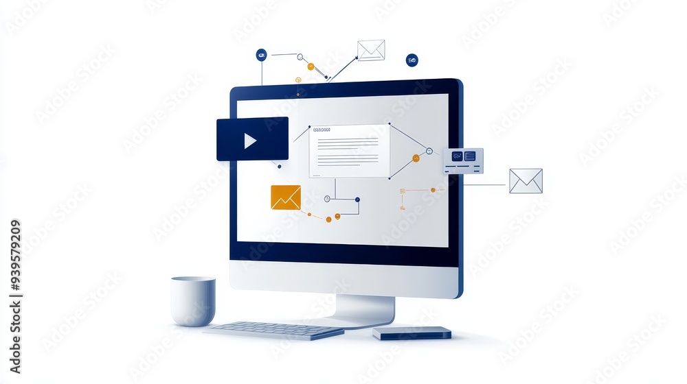 A computer screen displaying a flowchart of an automated email sequence ...