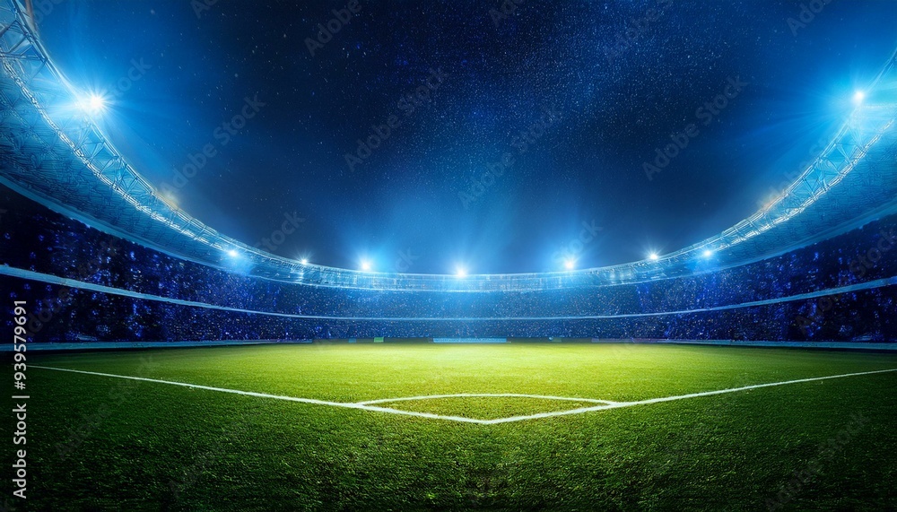 beautiful sports stadium with a green grass field shines with blue ...