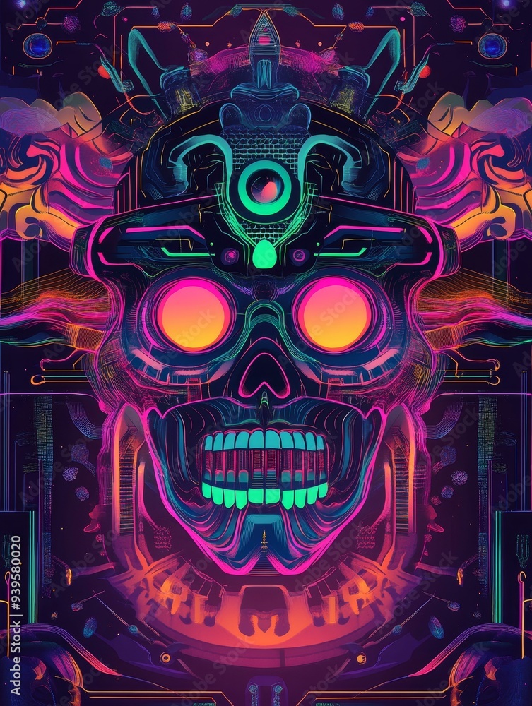 A digital art illustration featuring a skull with cybernetic elements ...