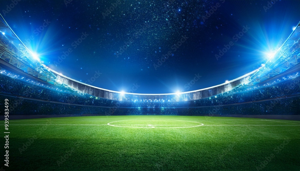 beautiful sports stadium with a green grass field shines with blue ...
