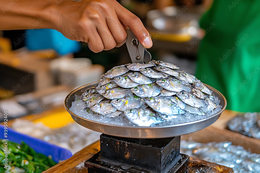 A weighing scale in a fish market, used to measure fresh seafood ...