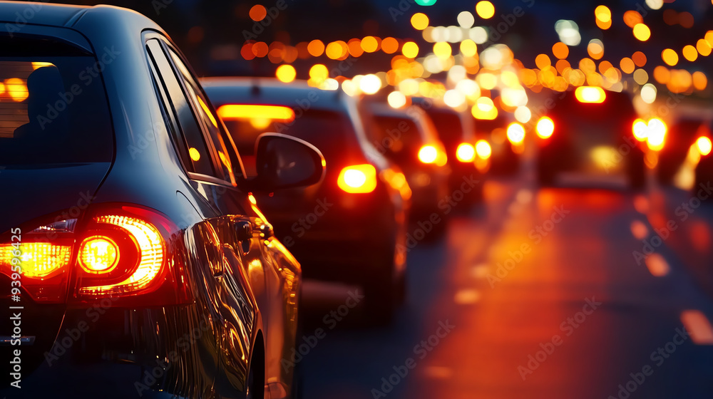 Night traffic scene with cars queued in a busy city road, illuminated ...