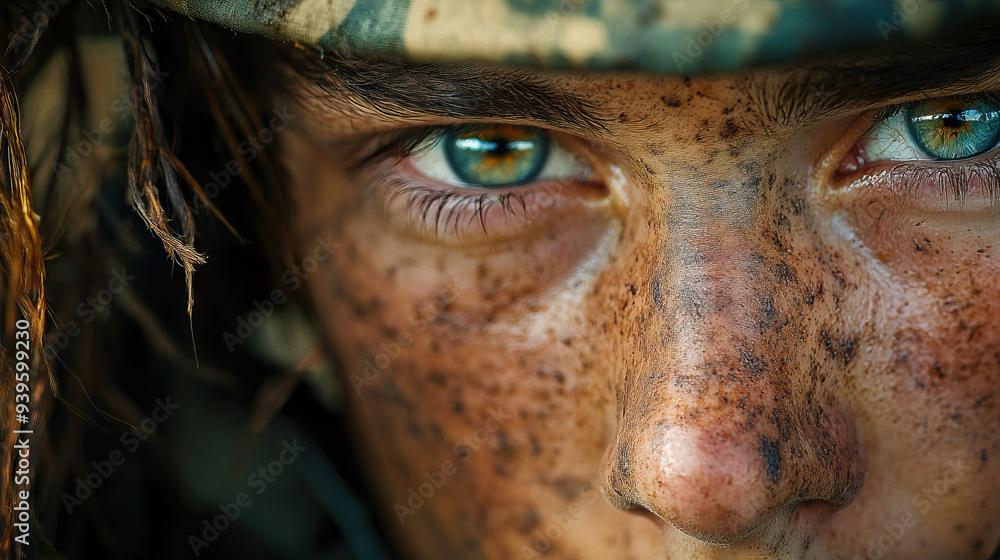 A textured close-up image focusing on detailed combat gear amidst ...