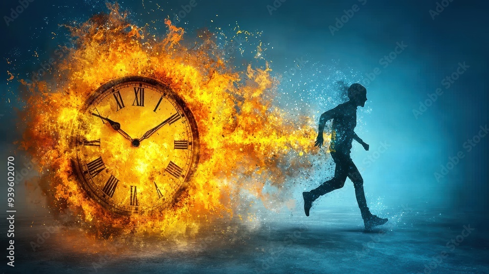 Clock running out of time with a weary figure collapsing, symbol of ...