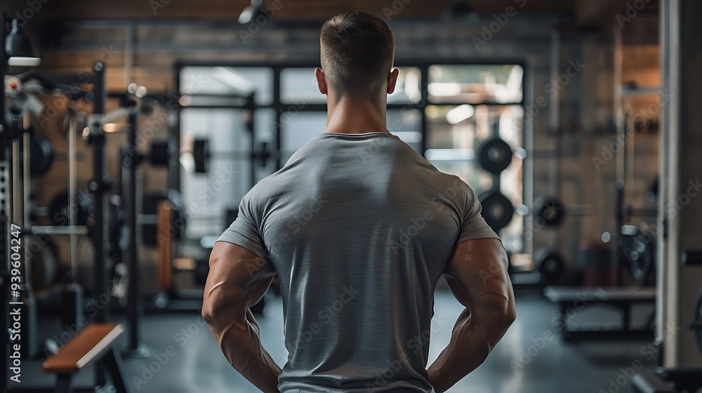 Rearview of a muscular male athlete standing in a modern gym, showing ...