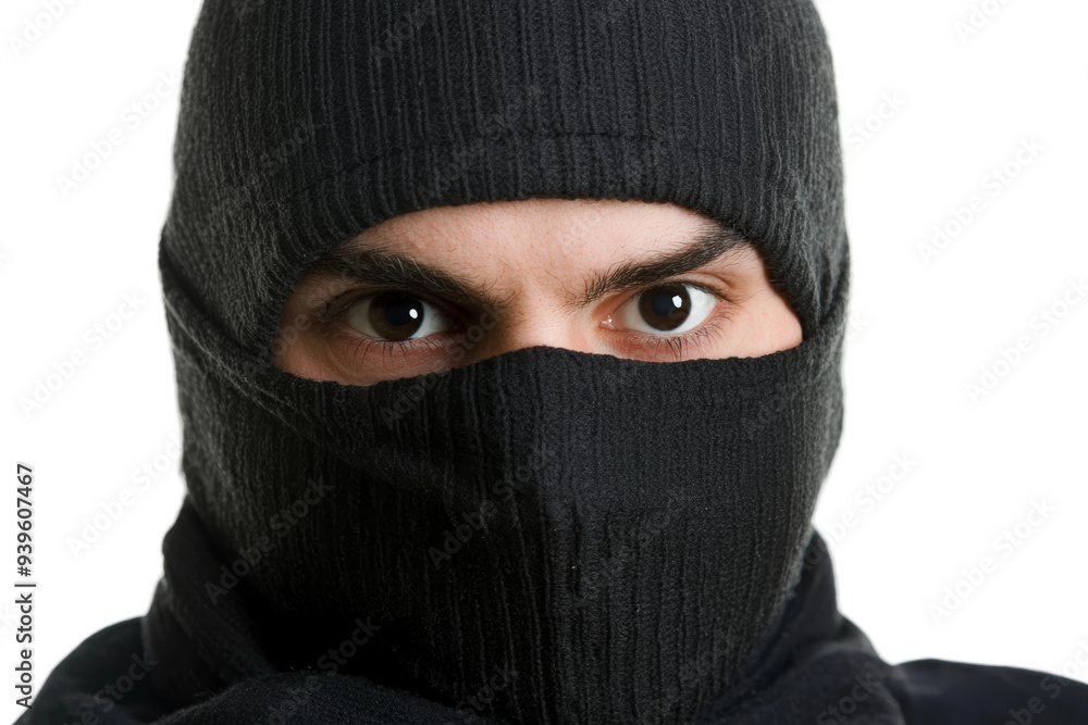 A figure with a black balaclava reveals only the eyes, conveying an air ...