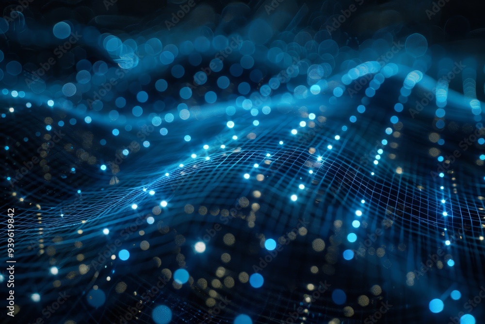 An abstract depiction of blue glowing points forming an intricate wave ...