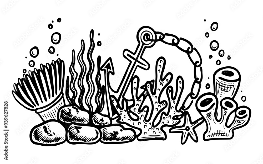 Coral reef hand drawn doodle. Ship anchor. Seaweed, corals, stones ...