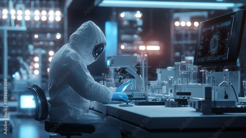 A scientist working in a laboratory with advanced AI-powered equipment ...