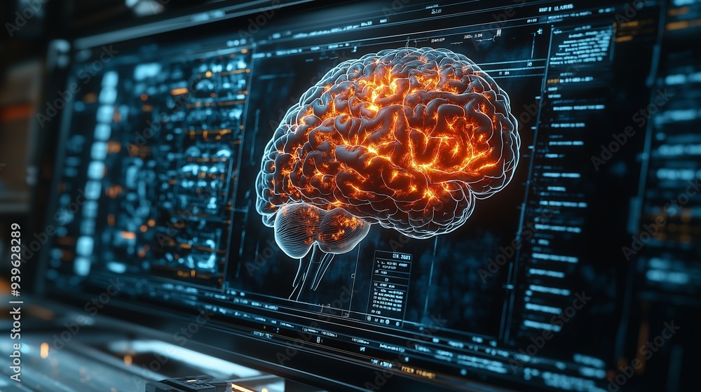 Futuristic Visualization of a Human Brain on a High-Tech Monitor ...