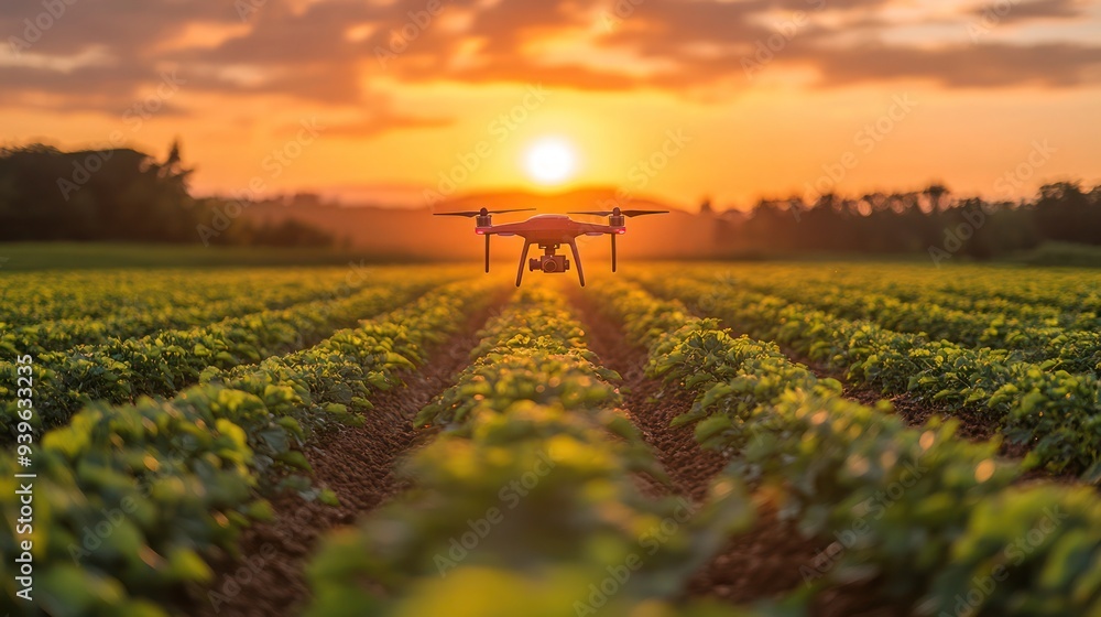 Farmers using drones to monitor crops in a vast agricultural landscape ...