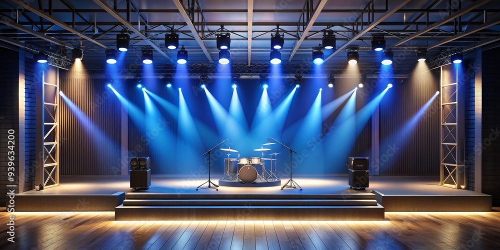 Concert Stage Setup with Drum Kit and Blue Lighting, concert , stage ...