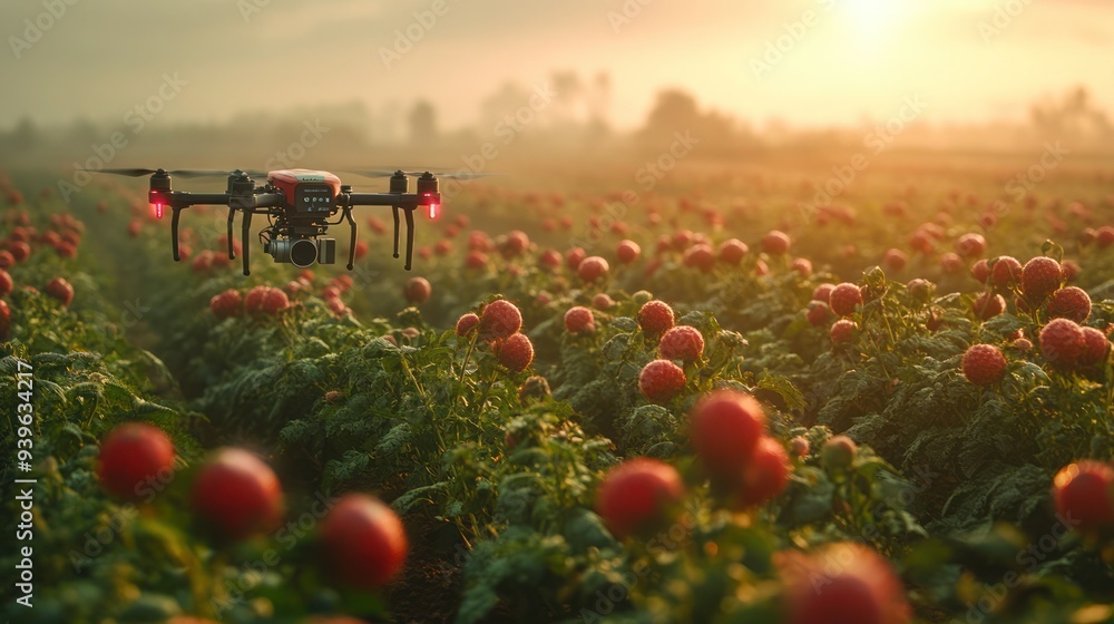 Farmers using drones to monitor crops in a vast agricultural landscape. Farmers using Gen AI ...