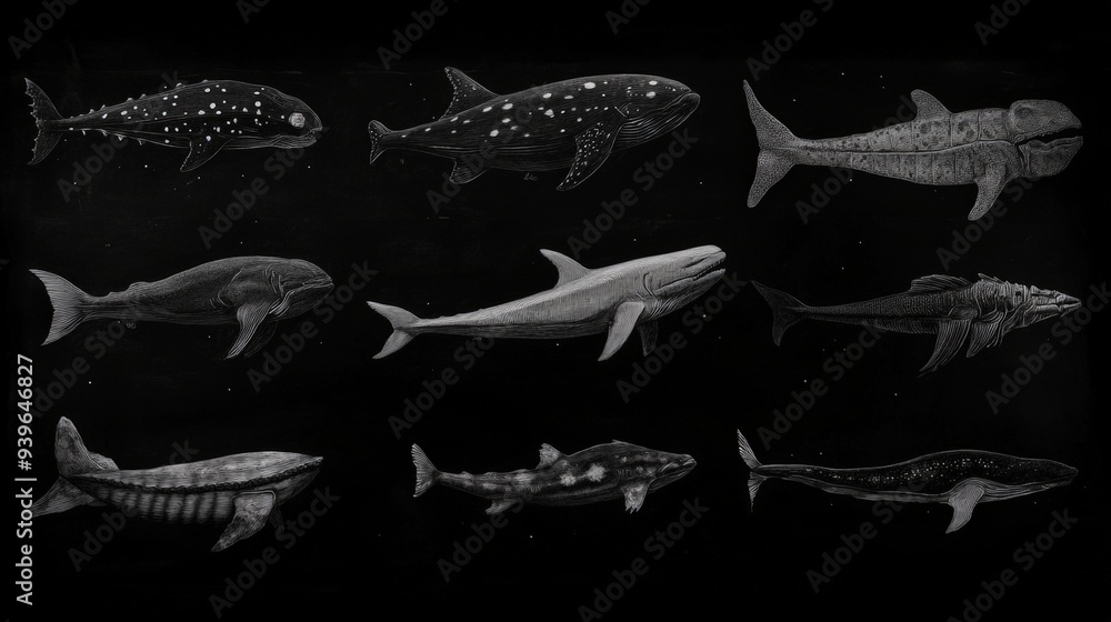 Chalk Drawings of Prehistoric Sea Creatures on Black Background An ...