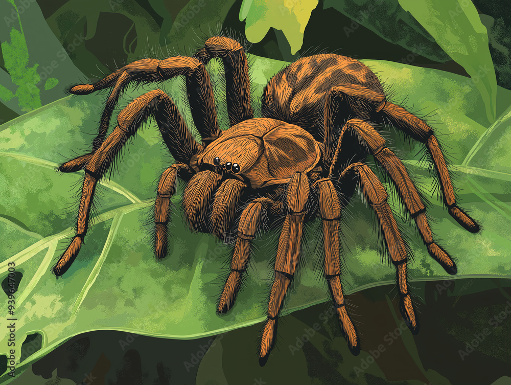 Tarantula Crawling Across a Broad Green Leaf, Showcasing Its Hairy Legs ...