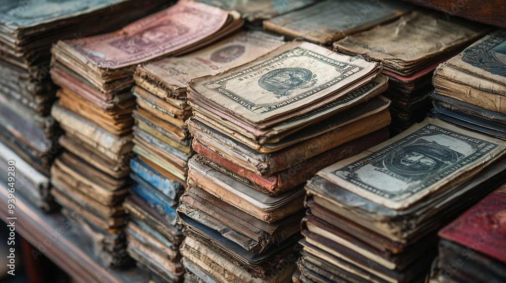 Zbiór starannie poukładanych, starych banknotów, których wiek i zużycie ...
