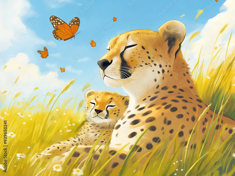 Vivid Illustration of a Cheetah and Her Cub Relaxing in Lush Grass with ...