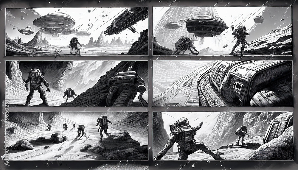 Futuristic space exploration storyboard with astronauts and alien ...