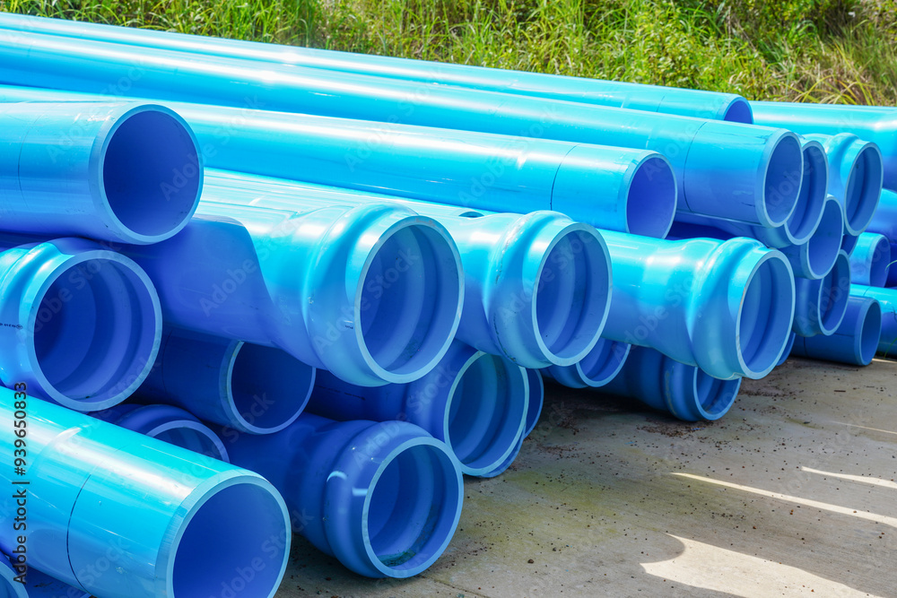 Stack of large blue water pipes, PVC nylon water pipes unpacked used on ...