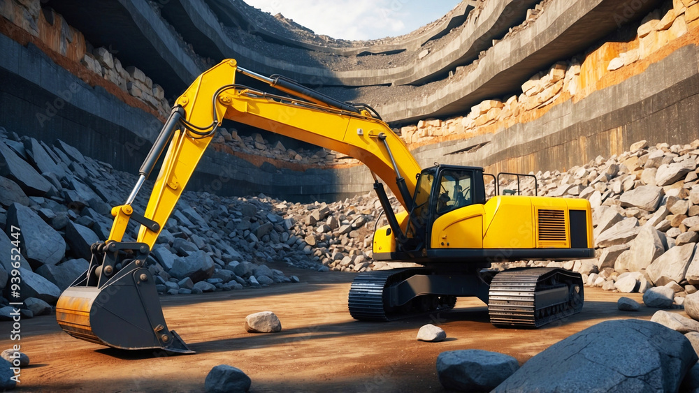 Industrial Excavation Scene Featuring a Large Yellow Excavator Digging ...