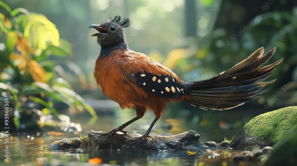 4K Realistic Lyrebird mimicking various sounds, tail feathers displayed ...