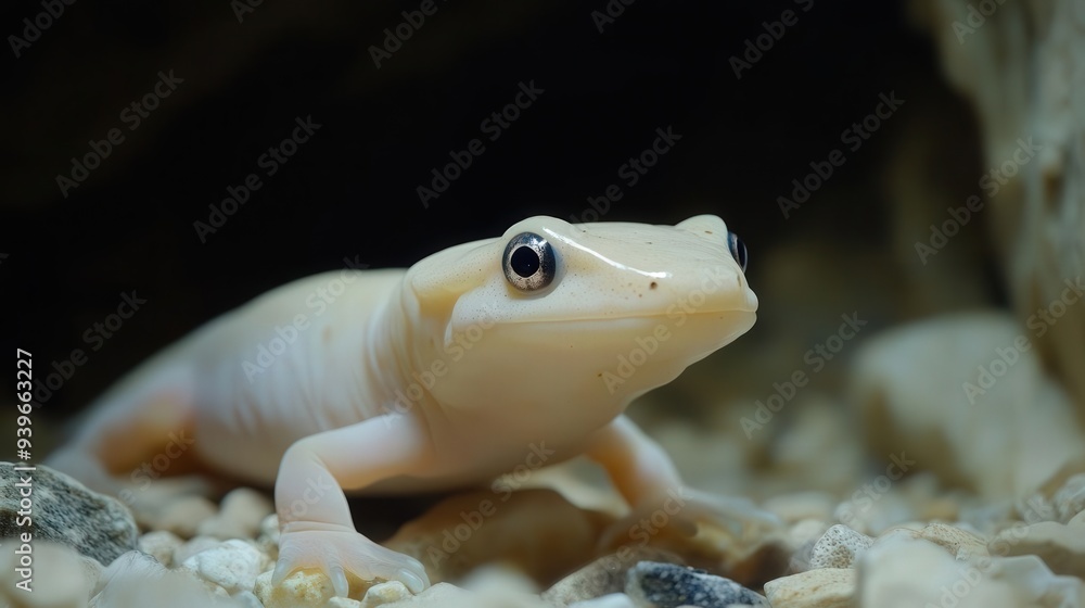 4K Realistic Olm salamander in underground cave system, pale ...
