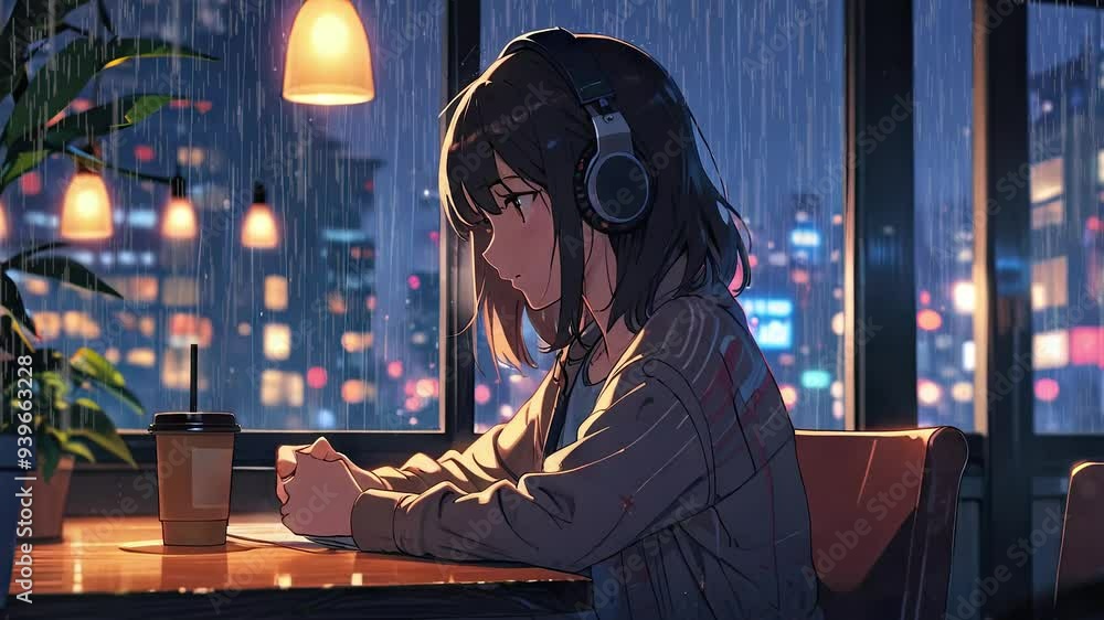 Lofi girl relaxing listening to music with headphones in coffee shop on ...