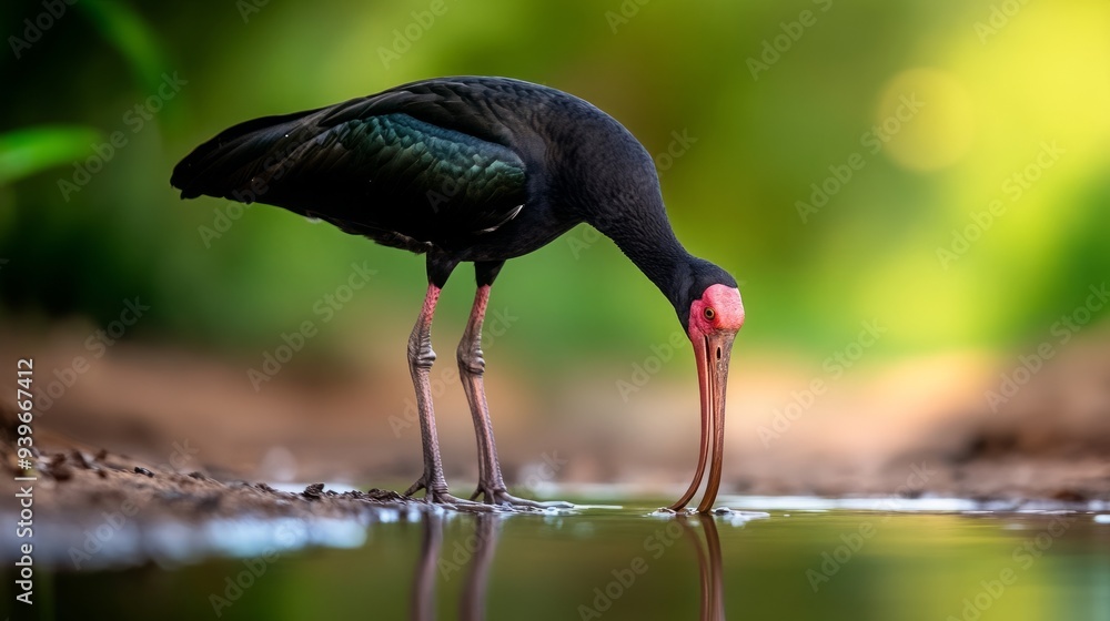 Endangered Northern Bald Ibis in full view, Using beak to forage in ...
