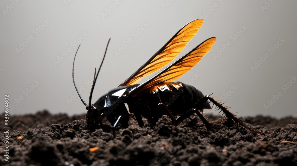 Close-up of a wasp on soil, showcasing its detailed wings and body ...