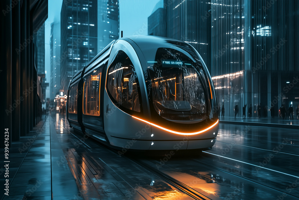 High-Tech Autonomous Electric Tram in a Futuristic Urban Environment ...