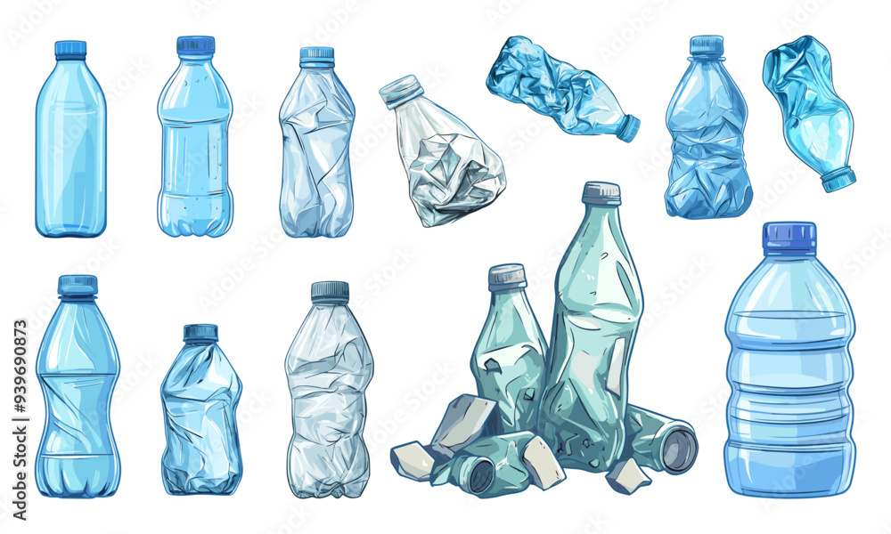 Crumpled plastic empty bottles set. Drinking water bottle big and small. Broken used crushed ...