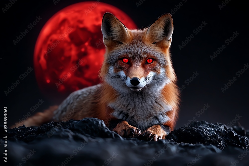 A hauntingly beautiful image of the nine-tailed fox under a blood moon ...