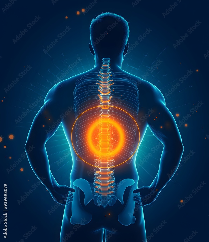 Digital illustration highlighting the human spine with a glowing area ...