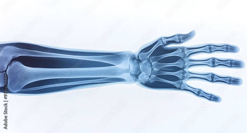 Detailed x-ray image showing the human arm and hand bones, highlighting ...