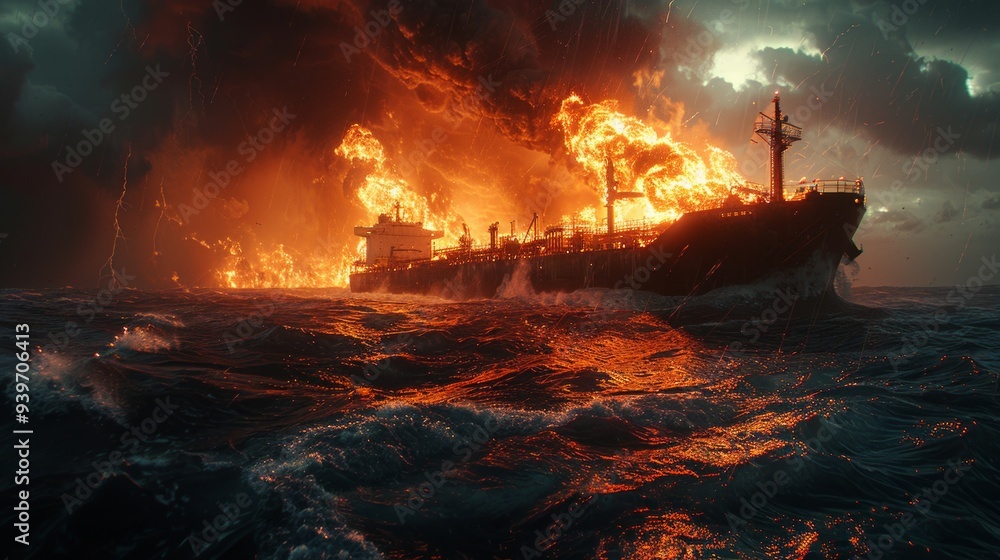 Cargo ship burning on fire with large scale smoke. Aerial Aerial, red Sea, Cargo tanker ship ...