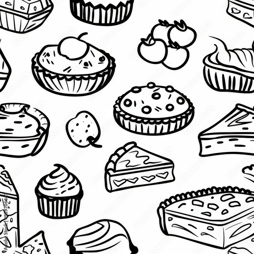 a simple line drawing of pies and cakes themed coloring pages for your ...