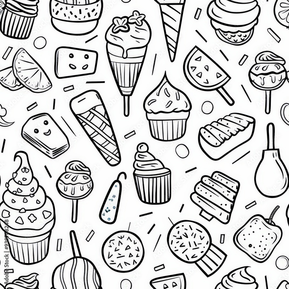a simple line drawing of sweets and ice themed coloring pages patern ...