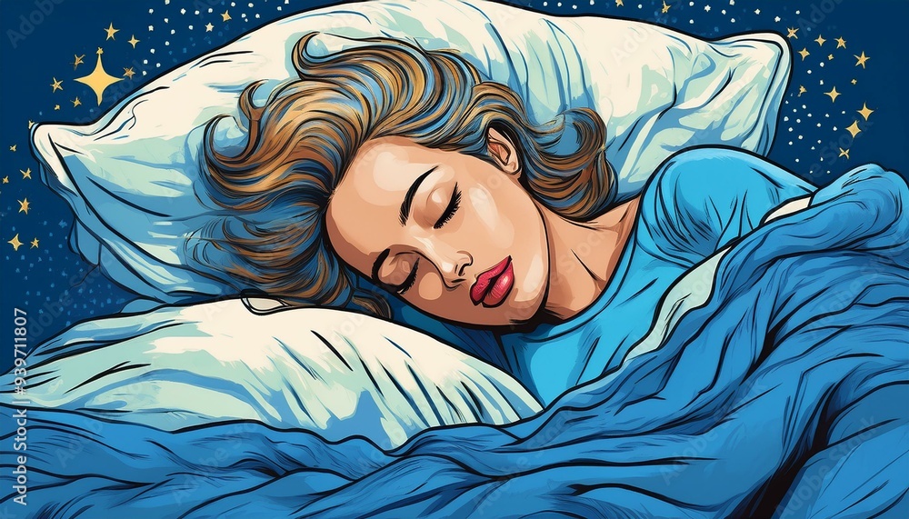 Deep sleep of person in bed. Girl or woman asleep, lying on soft pillow ...