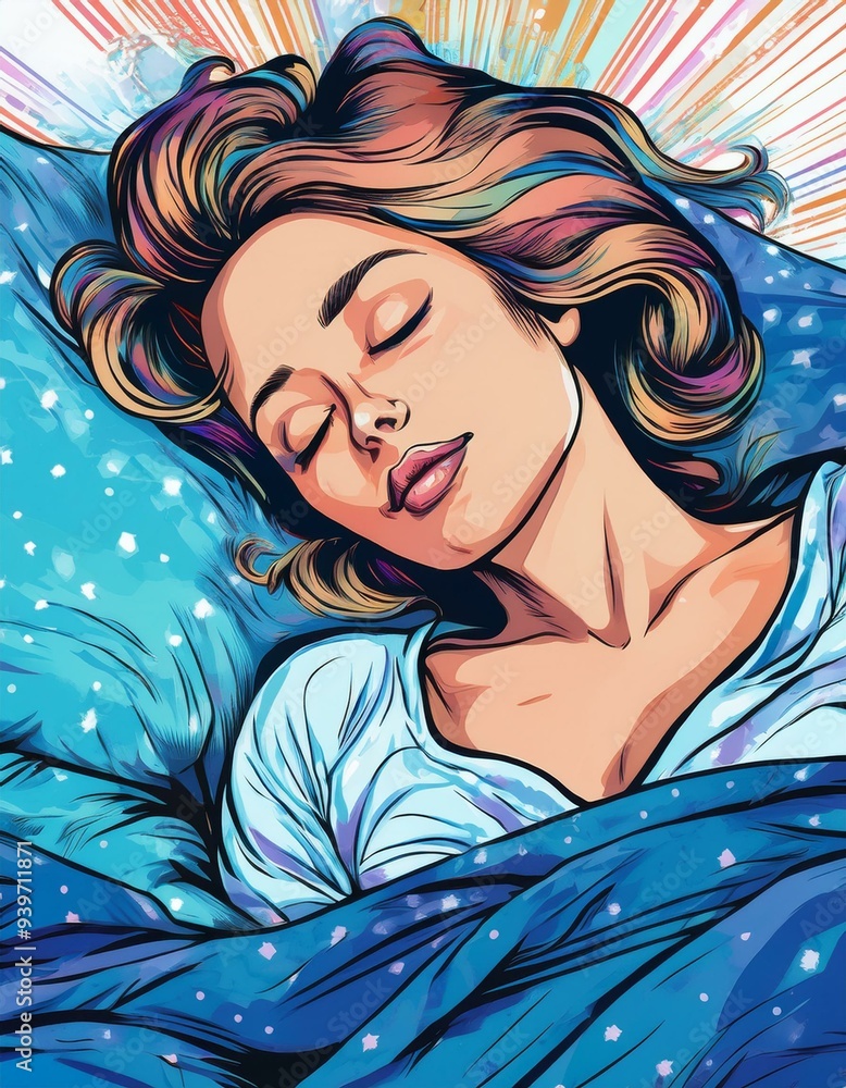 Deep sleep of person in bed. Girl or woman asleep, lying on soft pillow ...