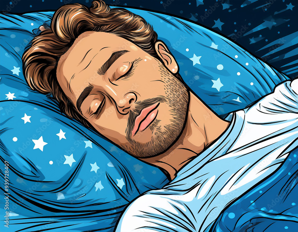 Deep sleep of person in bed. Man asleep, lying on soft pillow under ...