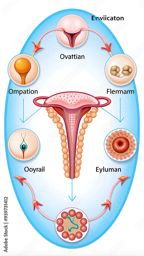 Ovulation, conception and implantation vector illustration. Anatomical diagram of fertilization ...