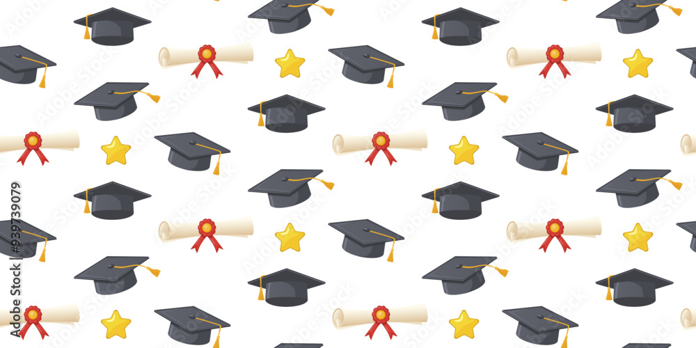 Seamless vector pattern with graduation caps, diplomas with red ribbons ...