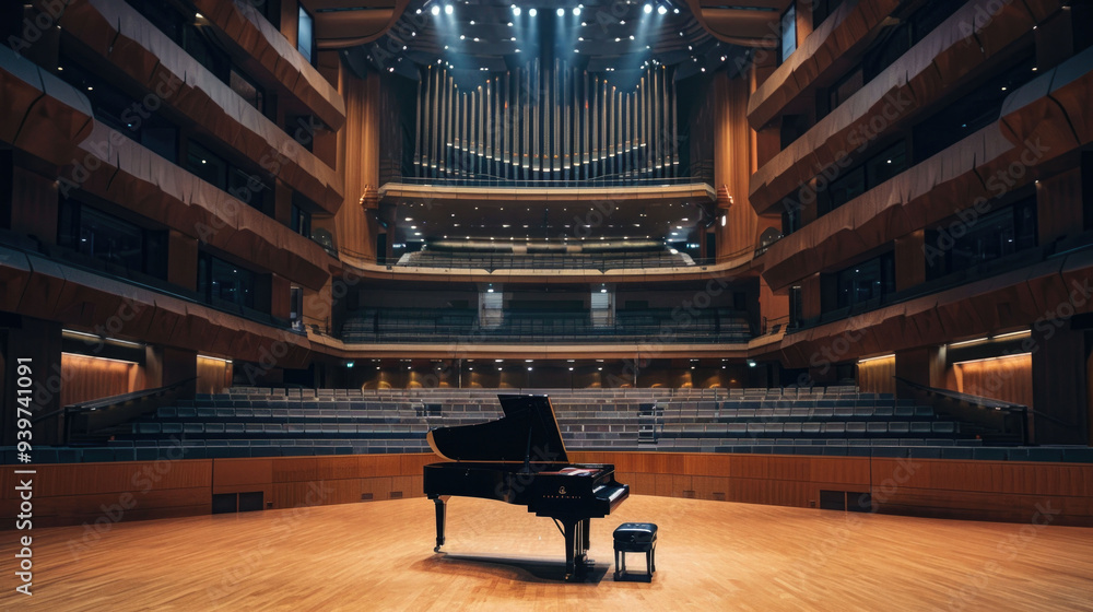 Grand piano on a stage in a large concert hall with tiered seating ...